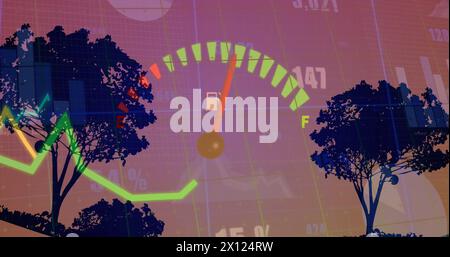Image of speedometer over statistical data processing against blue background Stock Photo - Alamy