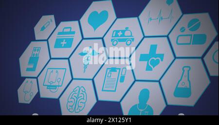 Image of multiple medical icons floating against blue background Stock ...