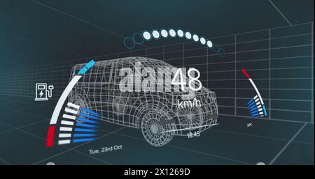 Image of speedometer over electric van project on navy background Stock ...