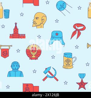 USSR seamless pattern in line style. Hammer and sickle, communism and ...