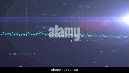 Image of graphs, increasing numbers and lens flare against abstract ...