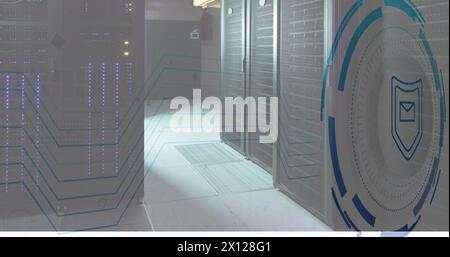 Image of envelope and shield in loading circles over server room Stock Photo - Alamy