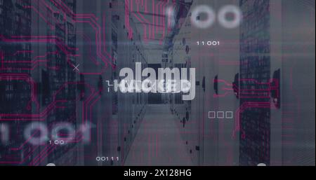 Image of binary codes over hacked text in circuit board pattern against black background Stock ...