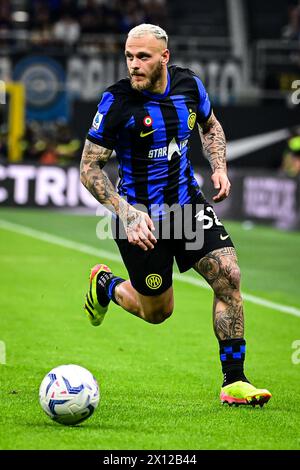 Inter Milan's Federico Dimarco controls the ball during a Champions League soccer match between ...