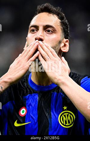 Inter Milan's Hakan Calhanoglu celebrates after scoring 1-1 during the ...