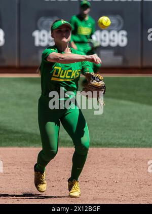 Oregon infielder Paige Sinicki (38) takes her stance during an NCAA ...