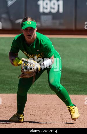 Oregon infielder Paige Sinicki (38) takes her stance during an NCAA ...