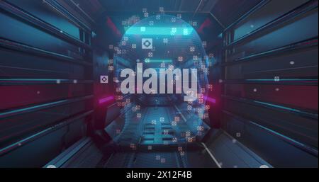 Human face model spinning against hexagonal tunnel in seamless pattern against blue background ...