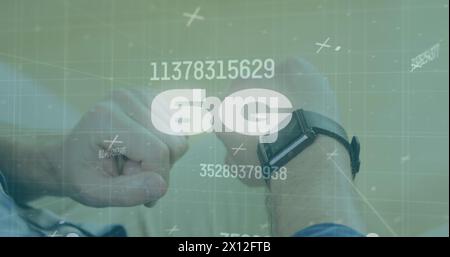 Image of 6g and numbers over hands of caucasian man checking smartwatch ...