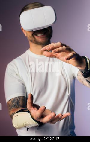 Man wearing a VR headset explores virtual reality experience ...