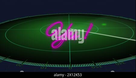 Image of neon purple yes text banner over spinning dna structures ...