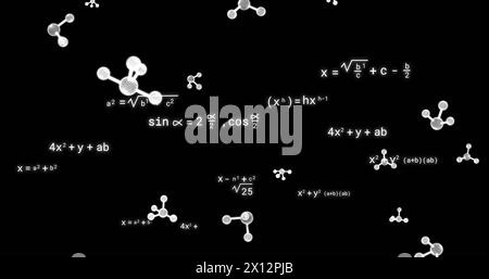 Image of molecules over mathematical equations on black background ...