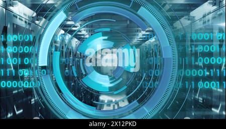 Image of loading circles over binary codes on data server racks in ...