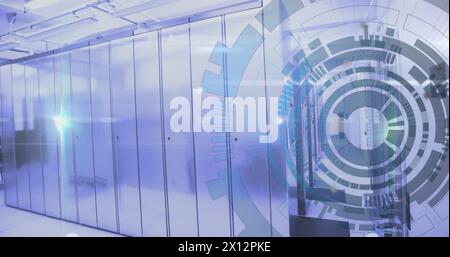 Image of loading circles over lens flares against server room in background Stock Photo - Alamy