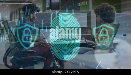 Image of fingerprint scanner, data processing over two diverse women discussing at office Stock ...