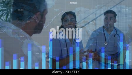 Image of graphs, changing numbers and map over diverse doctors ...