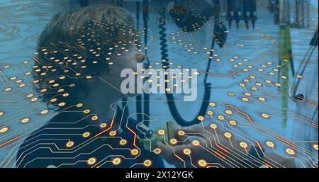 Microprocessor connections against asian male doctor talking to ...