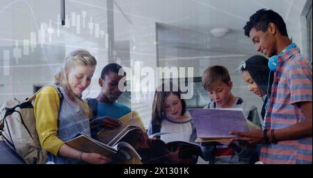 Image of graphs over diverse pupils with computers at school Stock ...