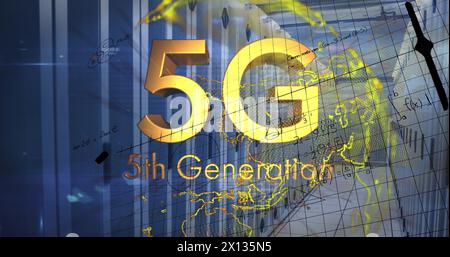 Image of 5g text and yellow globe and maths calculations over computer ...