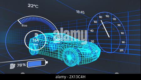 Image of digital car interface and data processing over 3d model of car ...