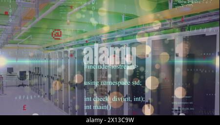 Image of data processing, symbols, white spots and light trails against computer server room ...