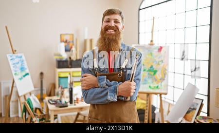 happy redhead man in apron pressing clay piece with hand during pottery ...