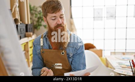 Young redhead man artist drawing model portrait at art studio Stock ...