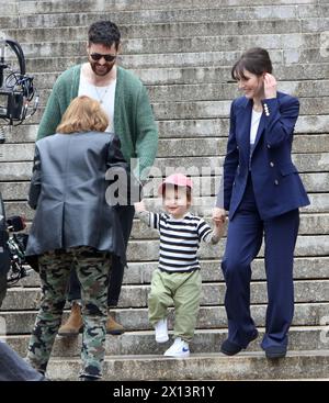 Tom Riley, Alfie Riley and Lizzy Caplan, filming on location for ...