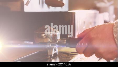 Image of glowing moving lights over coffee machine Stock Photo - Alamy