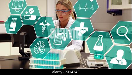 Image of scientific icons in hexagons over caucasian male lab worker ...