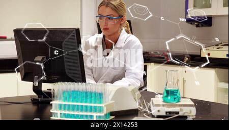 Image of chemical formulas over caucasian female lab worker using ...