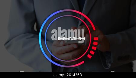 Image of speedometer over hands of caucasisn man using smartphone Stock ...