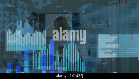Image of graphs and data processing over midsection of american ...