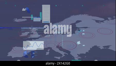 Image of graphs and charts processing data and cloud icons over grid on ...