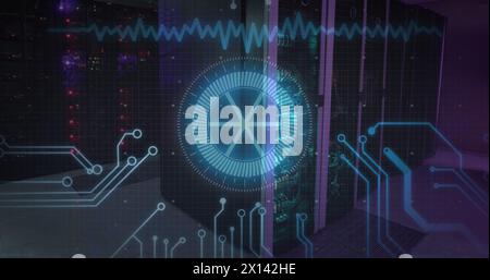 Image of neon round scanner and microprocessor connections against ...