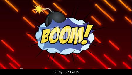 Image of retro boom text and abstract shapes moving on over dark ...