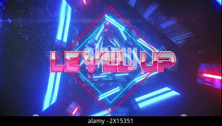 Image of level up text over neon pattern background Stock Photo - Alamy