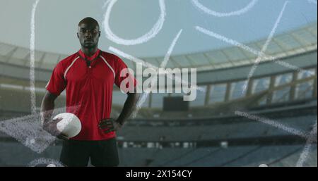 Image of position plan over african american man with rugby ball at ...