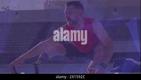 Image of geometrical shapes over caucasian male with running blade ...