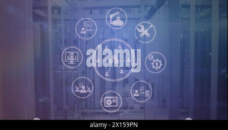 Image of media icons over server room Stock Photo - Alamy
