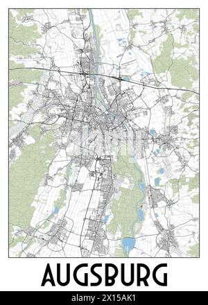 Urban city map of Augsburg. Vector illustration, Augsburg map grayscale art poster. Street map ...