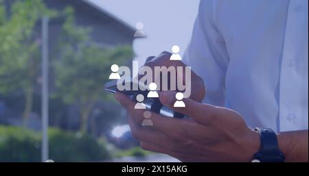 Image of social media reaction over hands of caucasian businessman ...