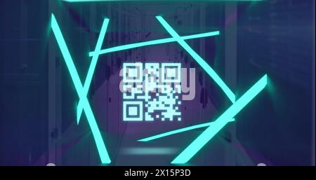 Image of flickering qr code over circle neon lights Stock Photo - Alamy