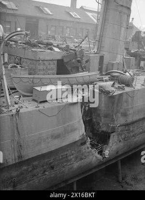 DAMAGE TO HMS WALLACE. 2 MAY 1942, BLACKWALL. - Views showing the ...