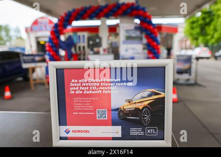 15 April 2024, Hamburg: An advertising sign for the new HVO100 Diesel ...