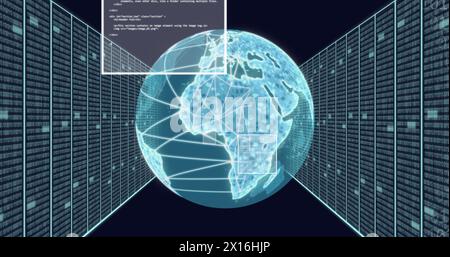 Image of globe, binary codes and computer language and data server racks over black background ...