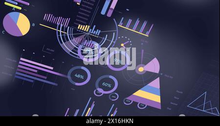 Image of graphs, circles, changing numbers, up arrows and trading board over black background ...
