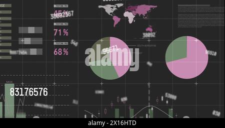 Image of statistical data processing and multiple changing numbers against black background ...