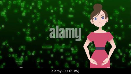 Image of illustrative female representation and binary codes over green ...