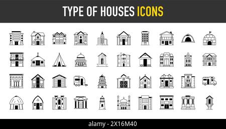 Type of houses. Set of icons of big city buildings. Urban architecture ...